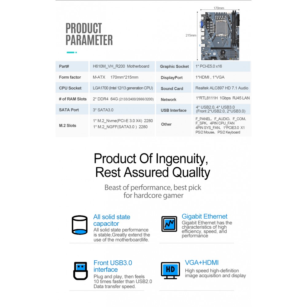 DDR4 Motherboard - Intel H610 Chipset 1700 Socket